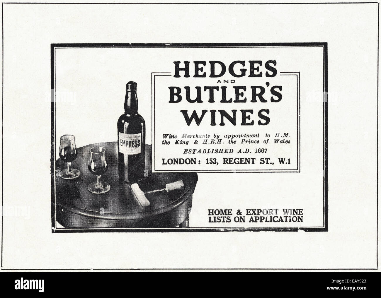 1920s advertisement for HEDGES AND BUTLERS WINES of London in English ...