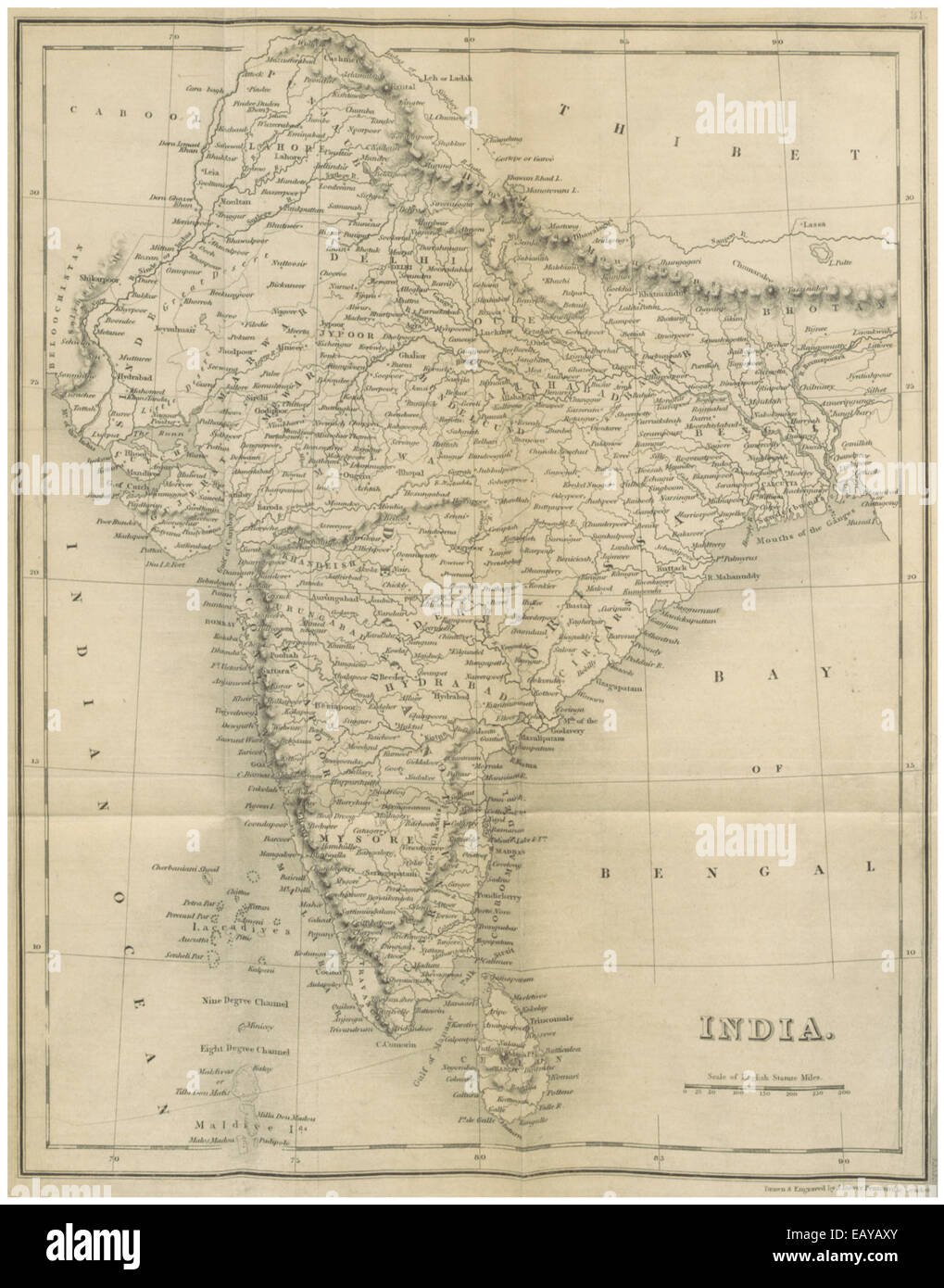 An 1839 map by Bevan depicting the geographical layout of India during ...