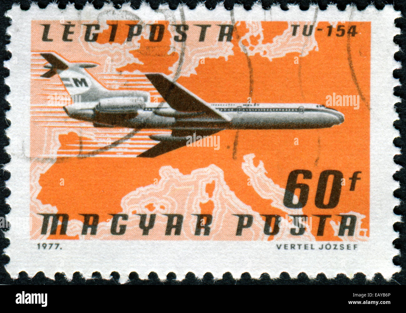HUNGARY - CIRCA 1977: A stamp printed in Hungary shows plane TU-154 ...
