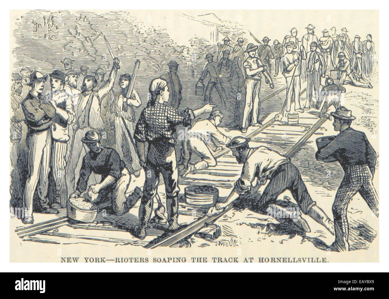 An 1882 illustration depicting rioters soaping the railroad track at ...