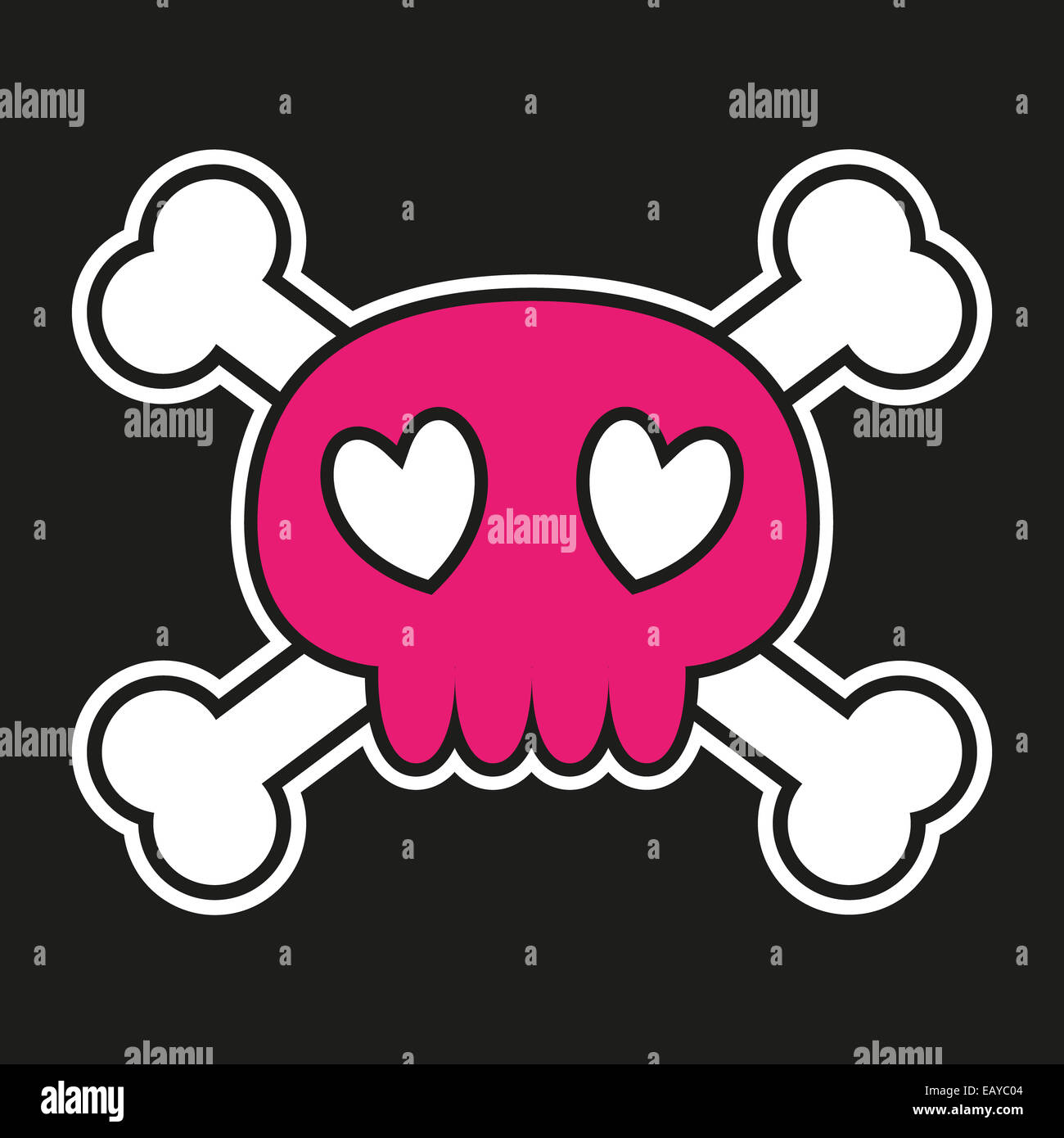 Pink skull with crossbones on black background with heart shaped eyes ...