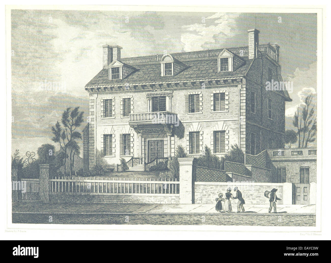 This 1834 illustration depicts Hancock House in Boston, a historic ...