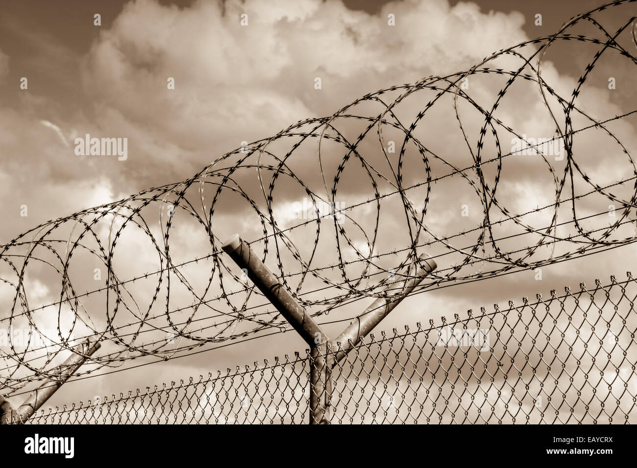 Security barrier with a barbed wire fence Stock Photo - Alamy