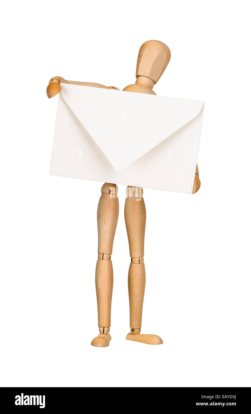 Wooden model dummy holding envelop Stock Photo - Alamy