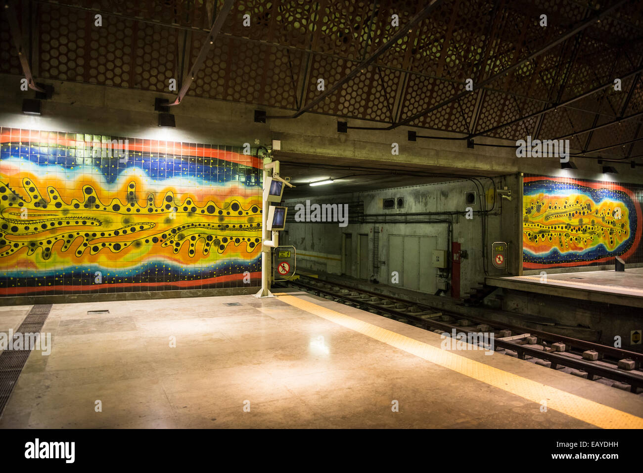 Oriente metro station, Colourful contemporary mural painting, Lisbon ...