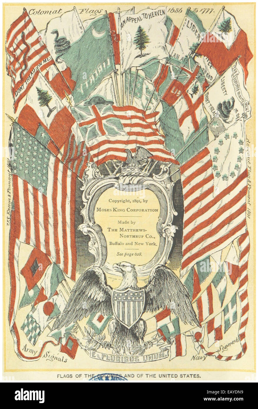 This 1891 illustration features flags representing the colonies and the ...