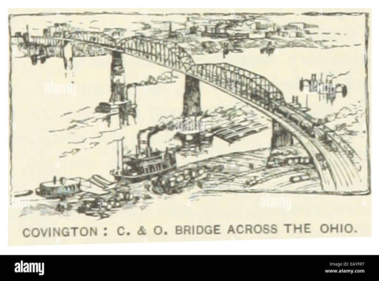 A 1891 historical depiction of the Covington Bridge over the Ohio River ...