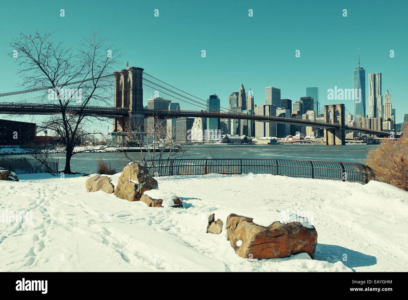 Brooklyn Bridge closeup with snow in winter in New York City Stock ...