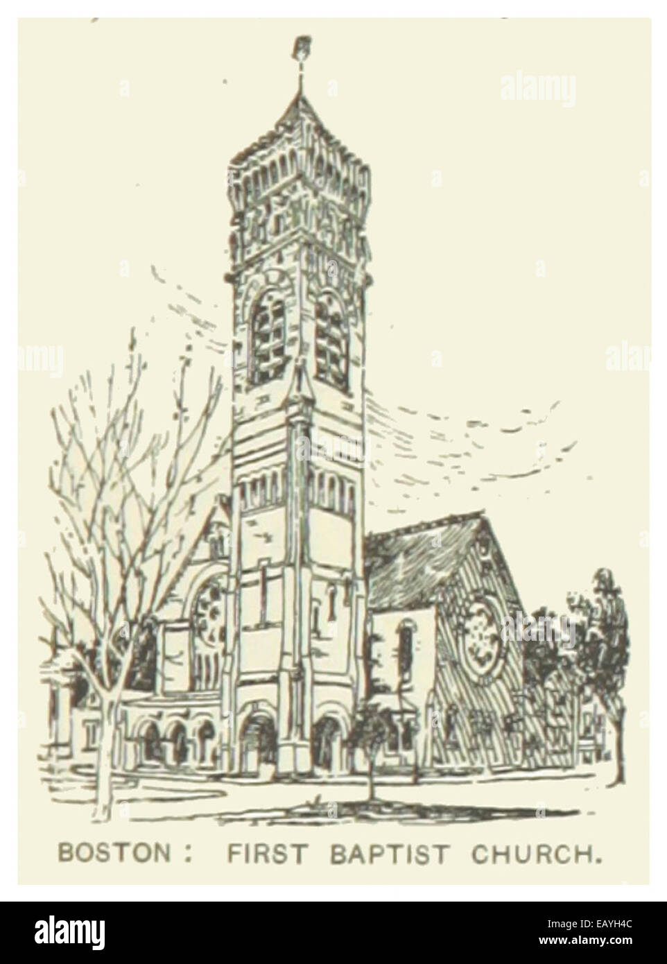 This 1891 map illustration of Boston features the First Baptist Church ...
