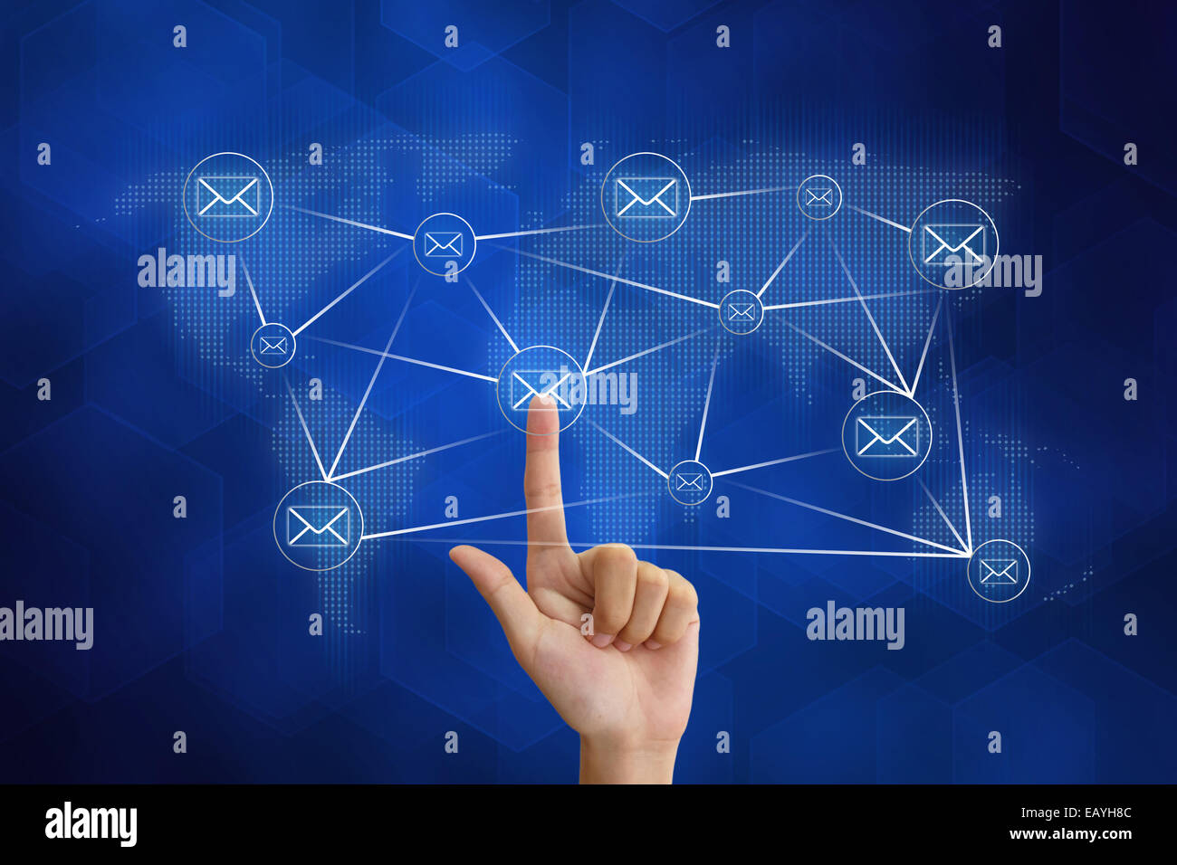 hand pushing e-mail networking with blue background Stock Photo - Alamy