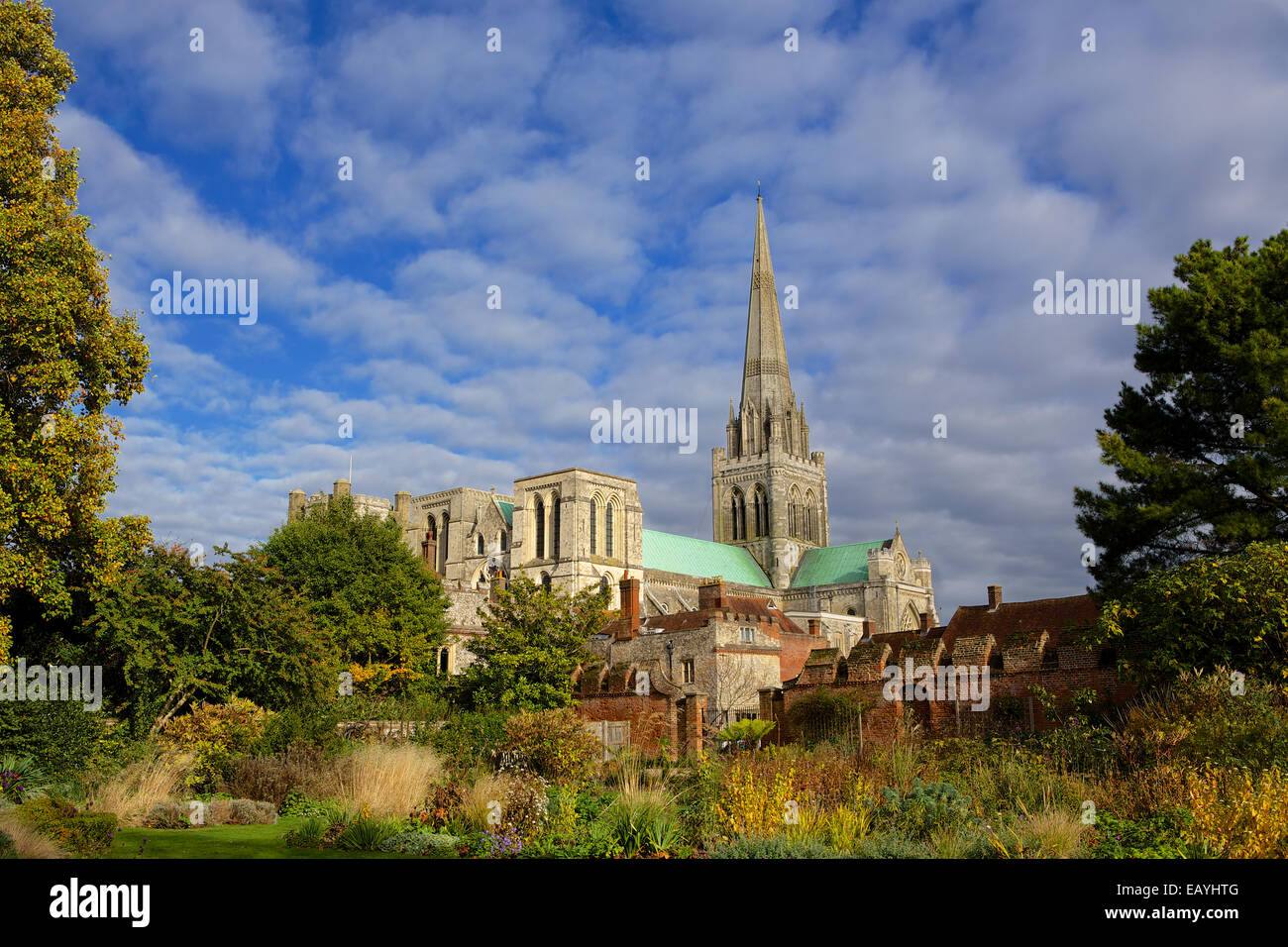 Garden view of the medieval Chichester Cathedral on a lovely Autumn day ...