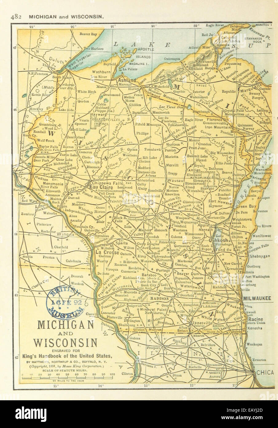 US-MAPS(1891) p484 - MAP OF MICHIGAN AND WISCONSIN (l Stock Photo - Alamy