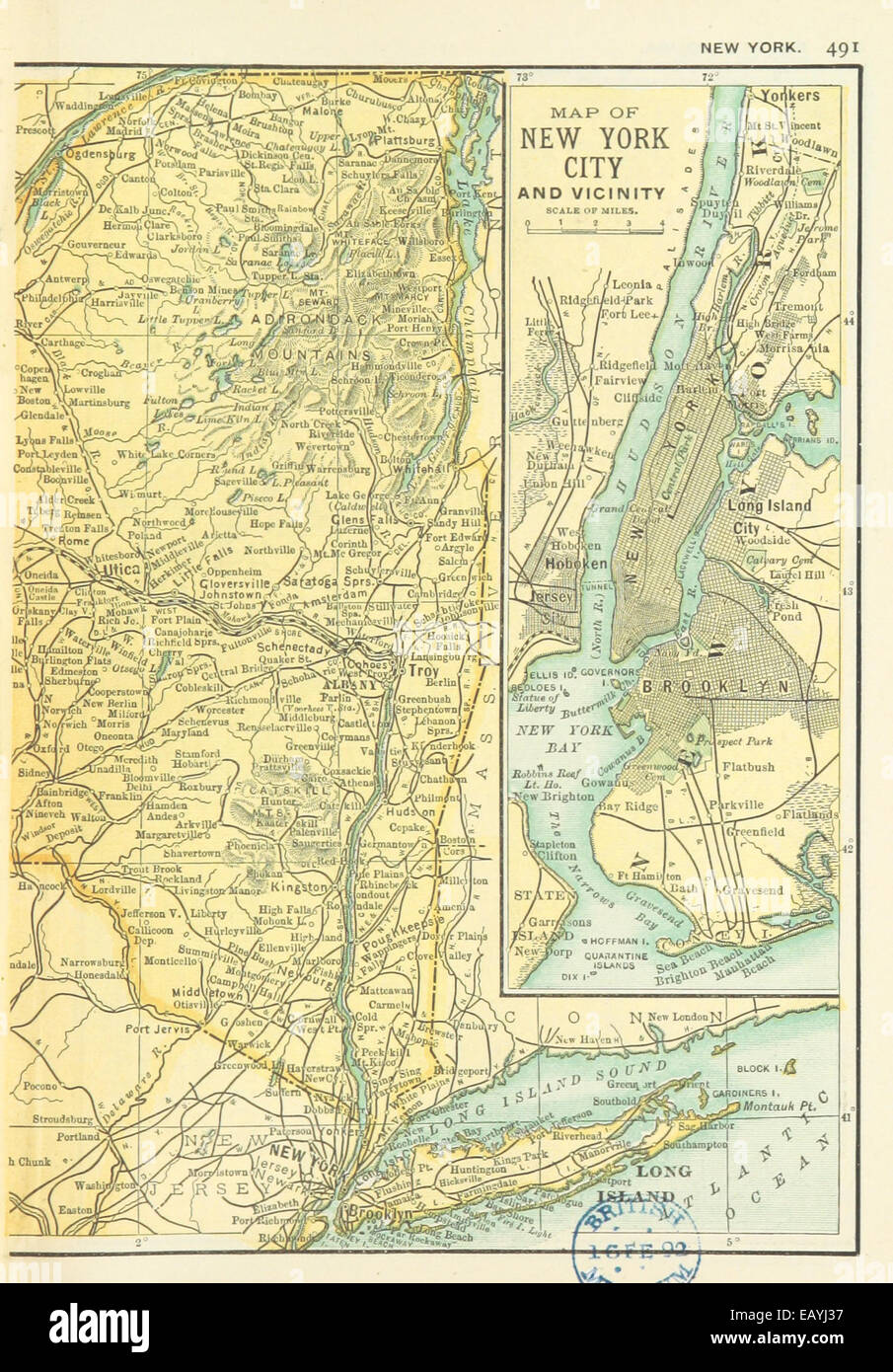 An 1891 map of New York, highlighting the geographical features and ...