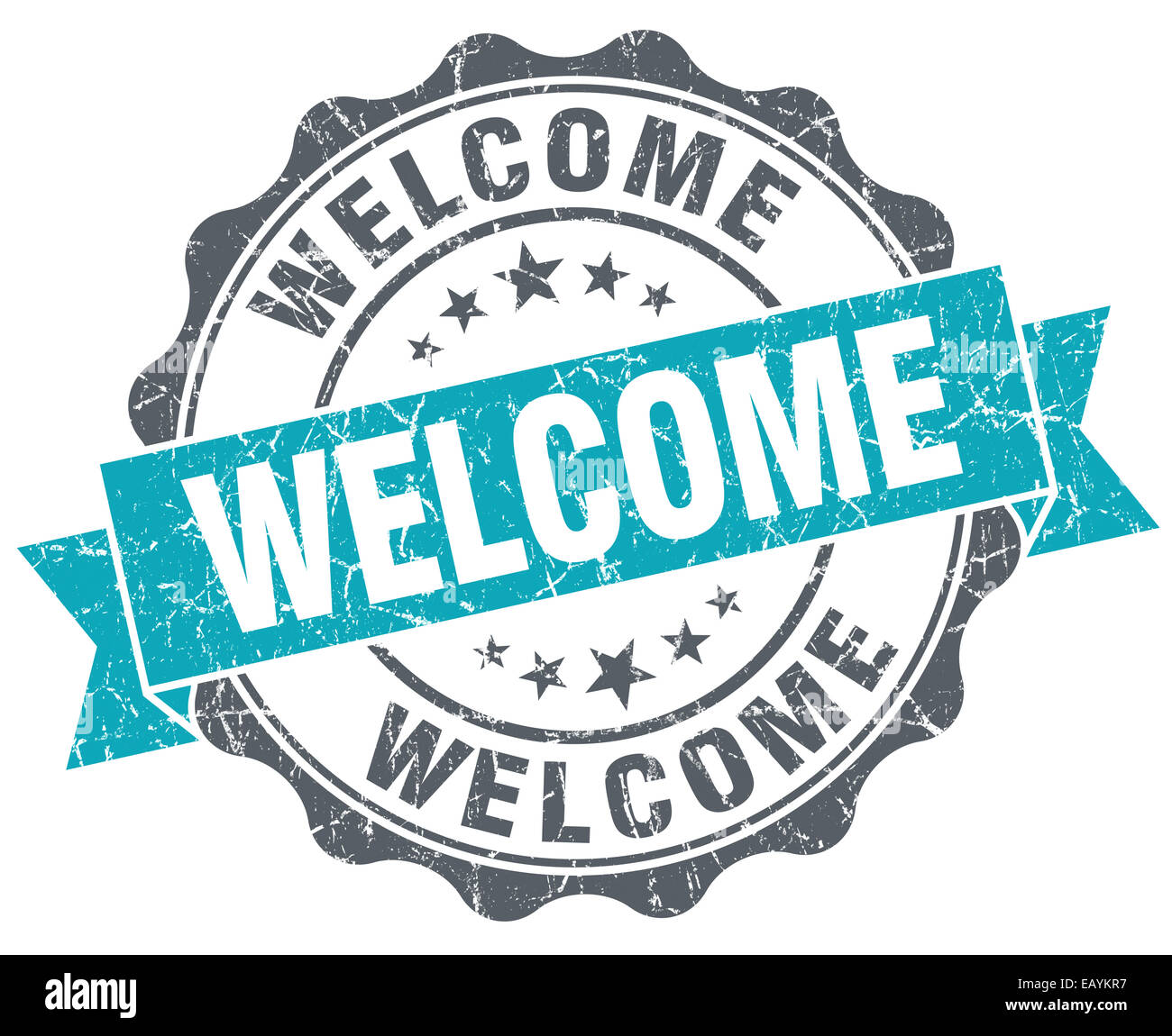 Welcome turquoise grunge retro style isolated seal Stock Photo - Alamy