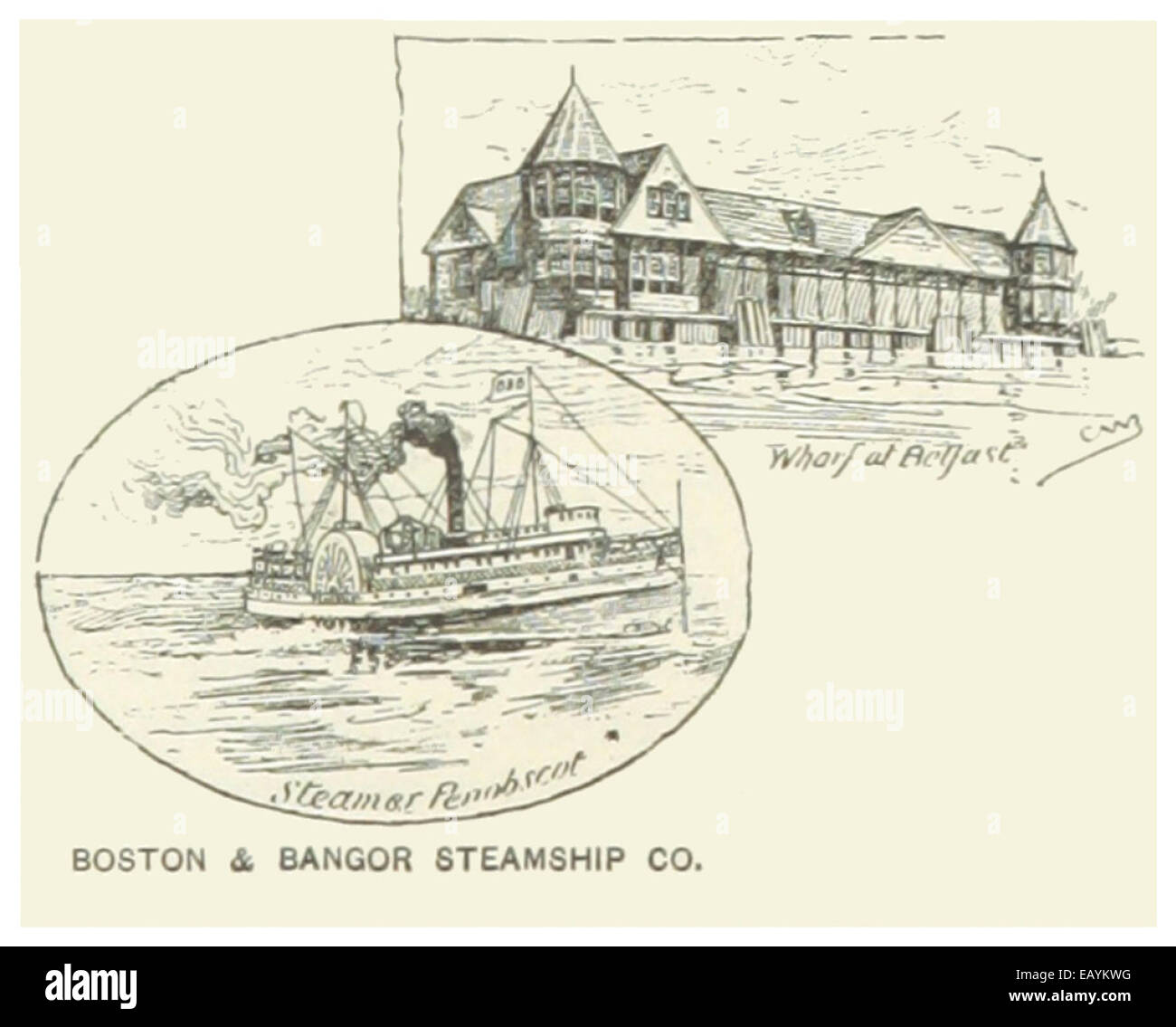 This 1891 map illustration depicts the Boston & Bangor Steamship ...
