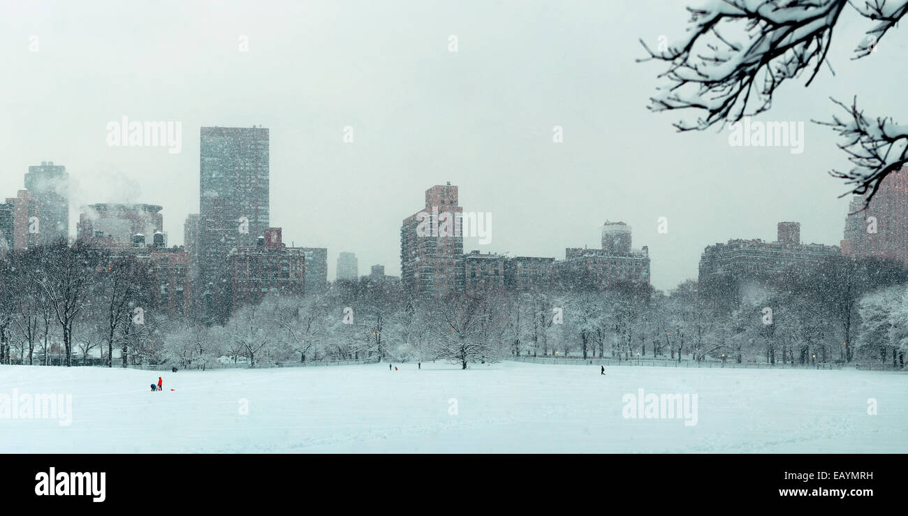 Central Park winter in snow with skyscrapers in midtown Manhattan New ...