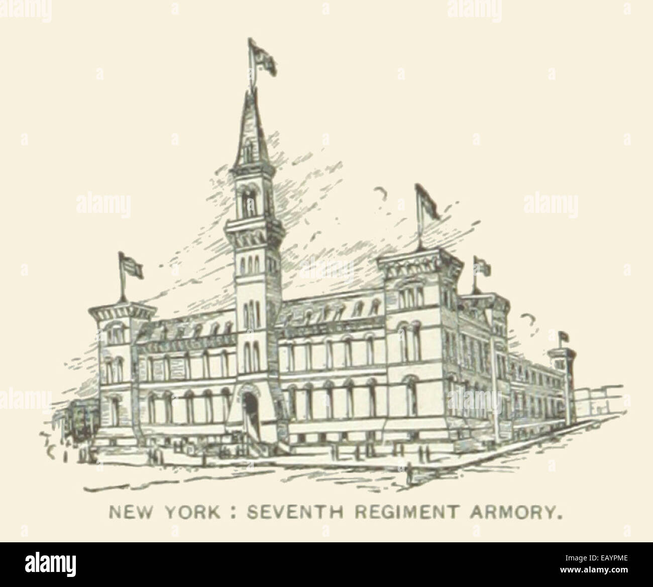 This 1891 illustration depicts the Seventh Regiment Armory in New York ...