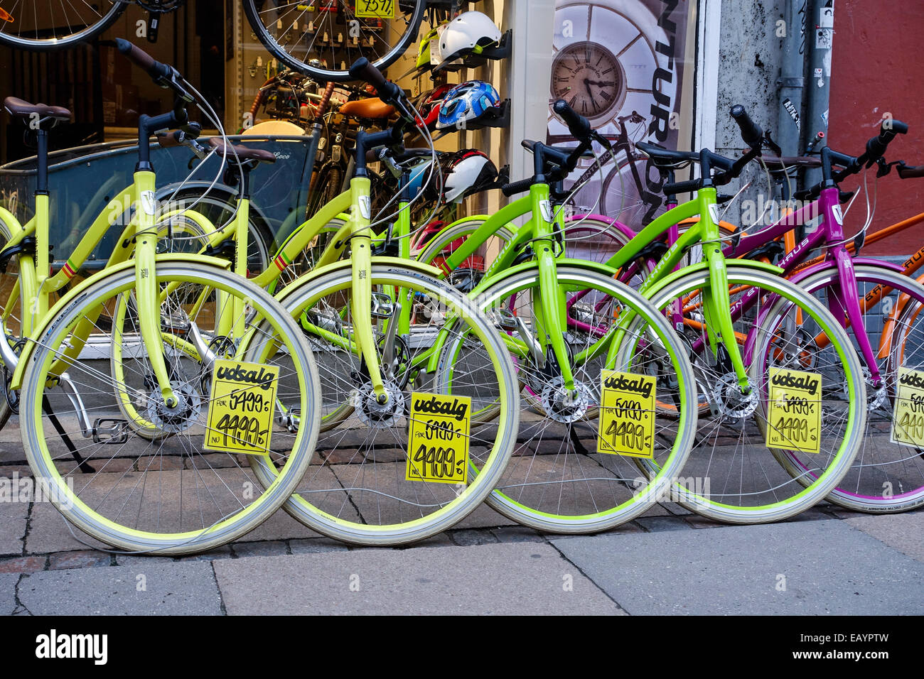 Colorful bicycles on a bicycle shop in Copenhagen, Denmark, Europe ...