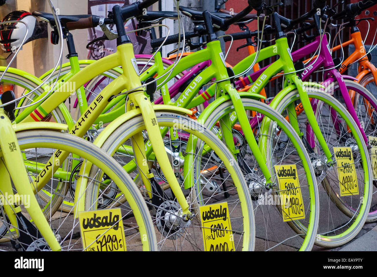 Colorful bicycles on a bicycle shop in Copenhagen, Denmark, Europe ...