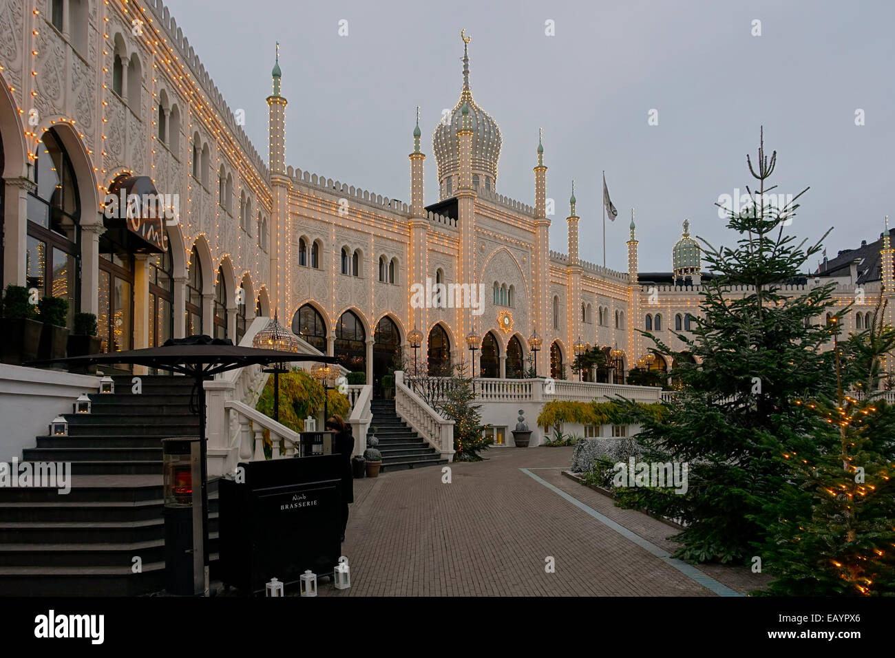 Christmas lit restaurant Nimb in Tivoli, Copenhagen, Denmark, Europe ...