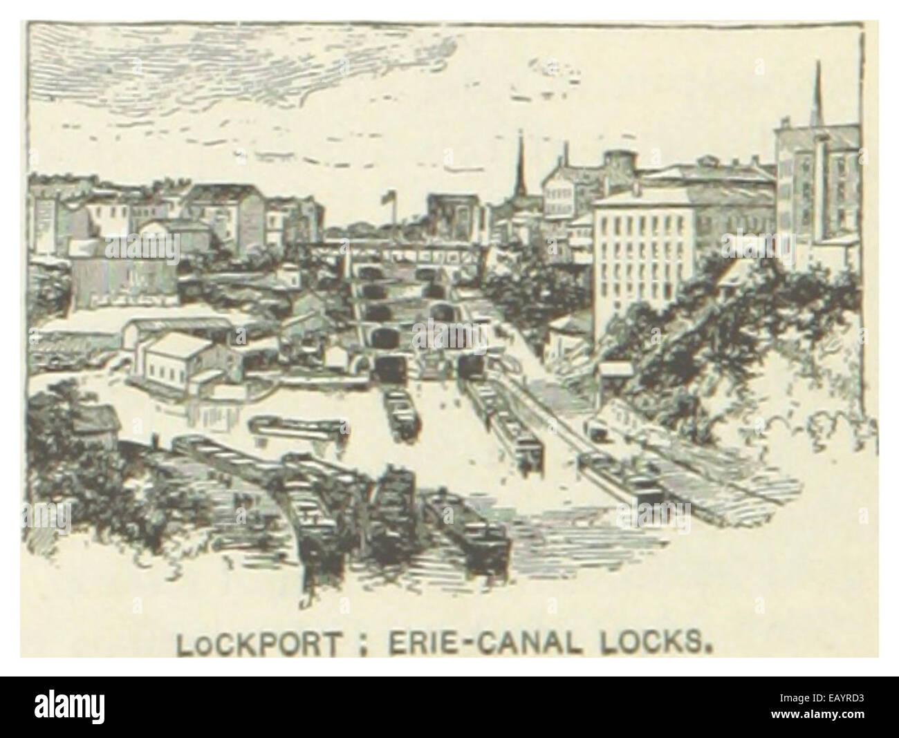 This 1891 illustration depicts the Erie Canal locks in Lockport, New ...