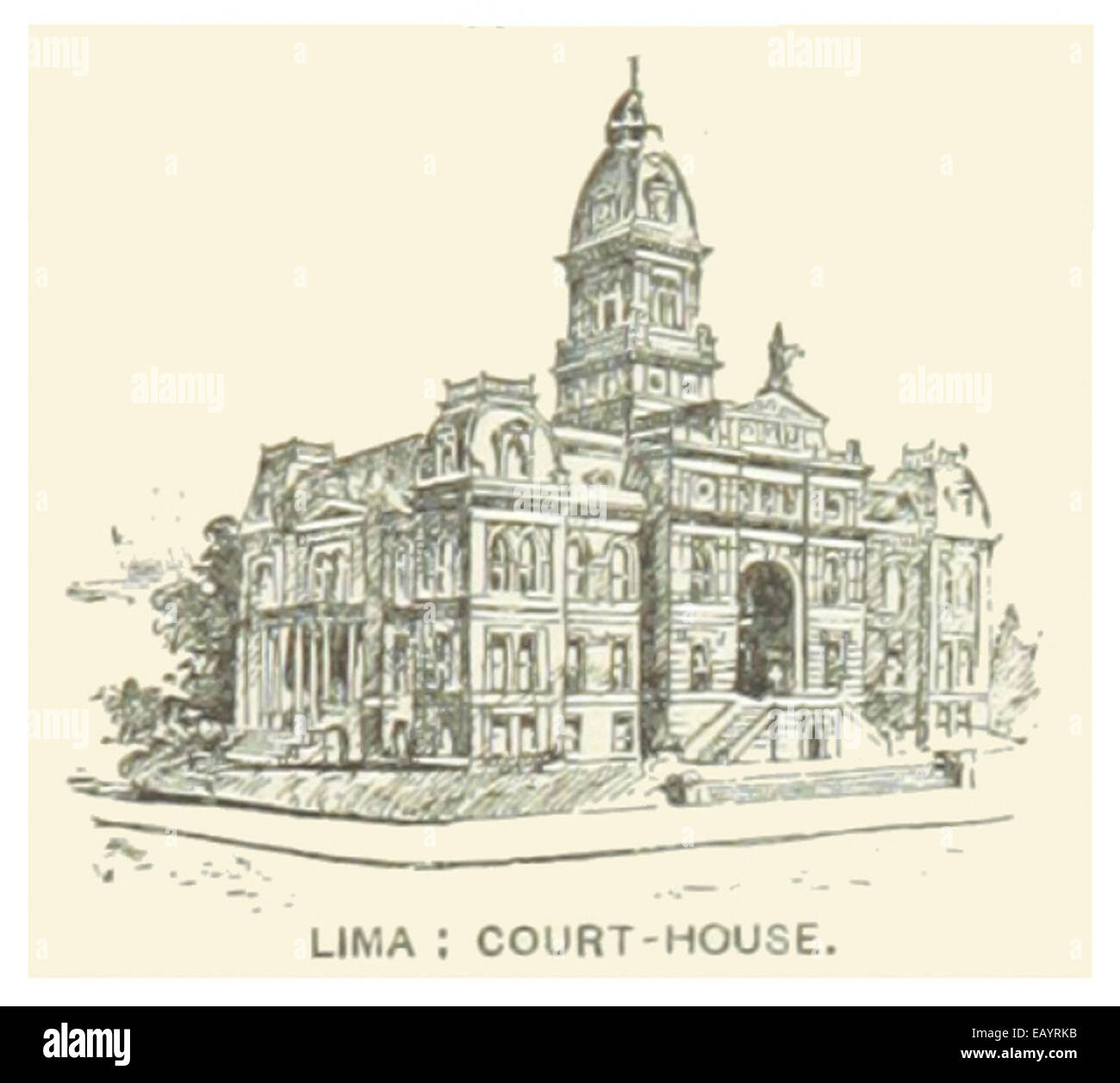 This 1891 illustration shows the Court-House in Lima, Ohio, offering a ...