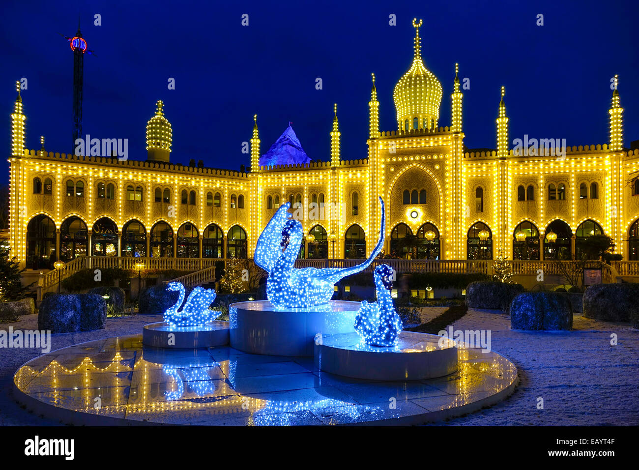 Christmas lit restaurant Nimb in Tivoli, Copenhagen, Denmark, Europe ...