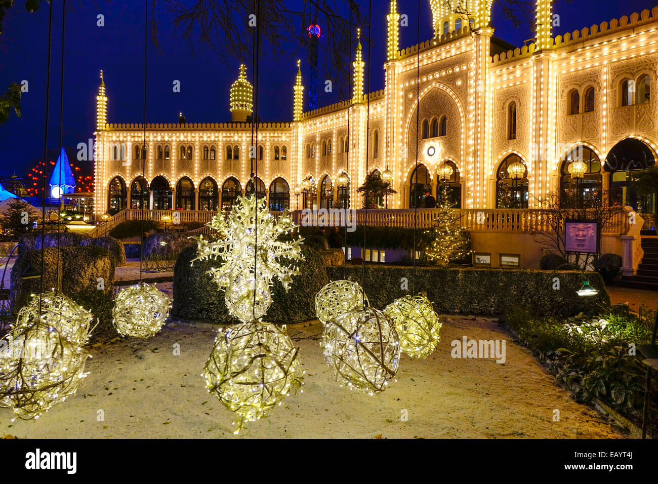 Christmas lit restaurant Nimb in Tivoli, Copenhagen, Denmark, Europe ...