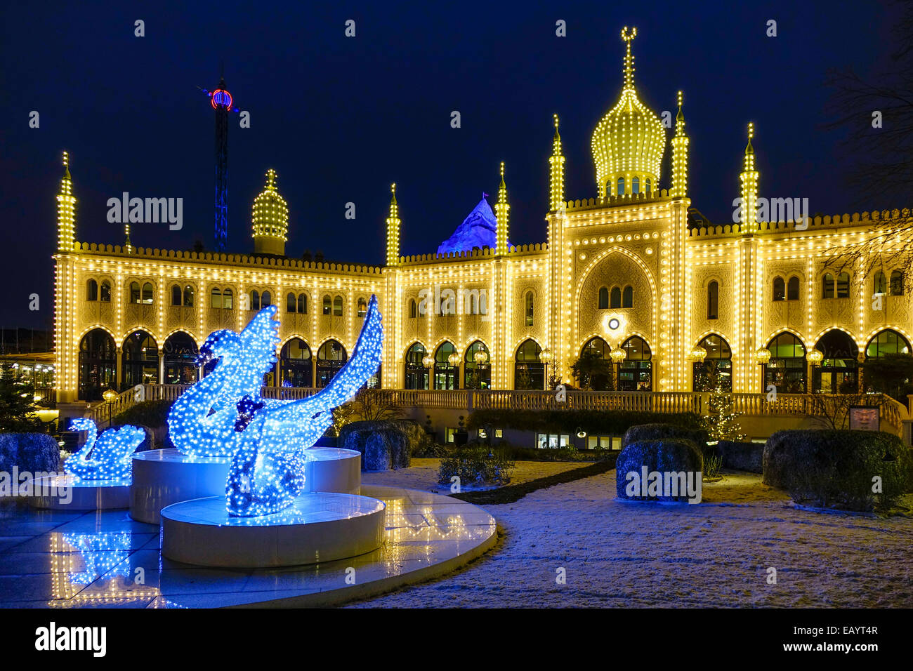 Christmas lit restaurant Nimb in Tivoli, Copenhagen, Denmark, Europe ...