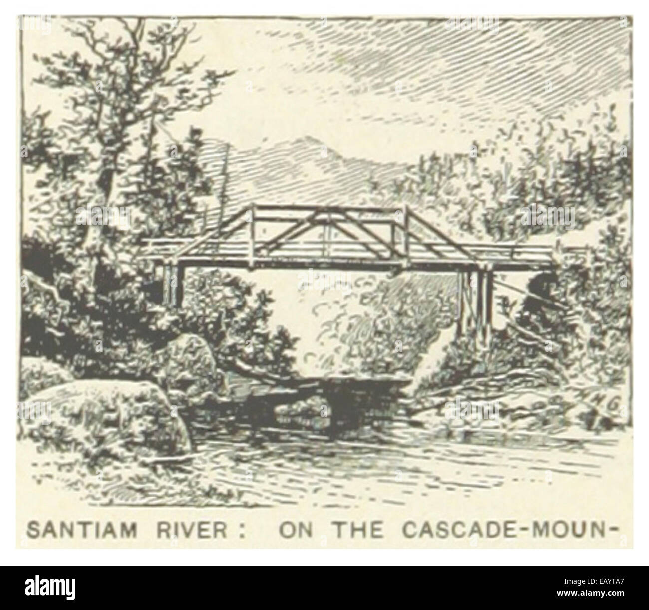 An 1891 illustration of the Santiam River located in the Cascade ...