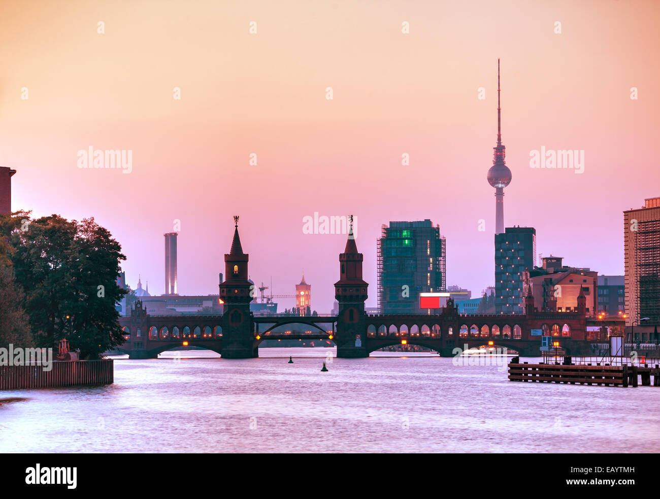 Berlin cityscape with Oberbaum bridge in the evening Stock Photo - Alamy