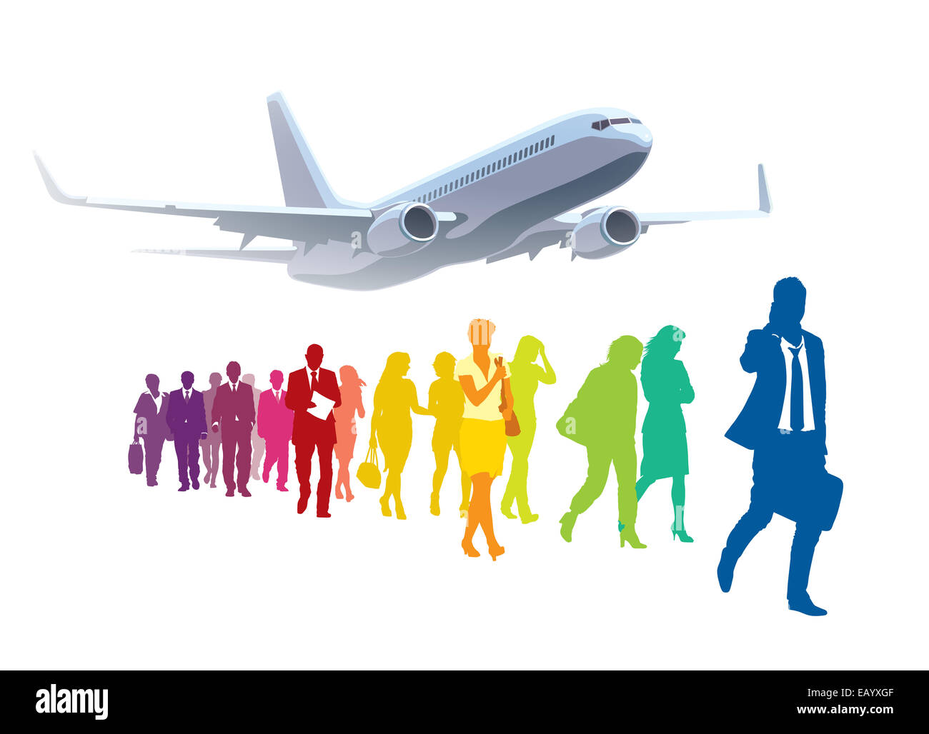 Crowd of walking people in front of large commercial airplane Stock ...