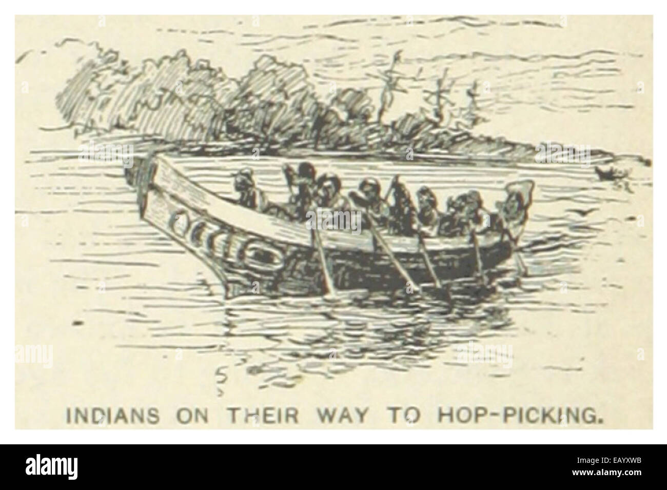 An 1891 illustration depicting Native Americans traveling to hop fields ...
