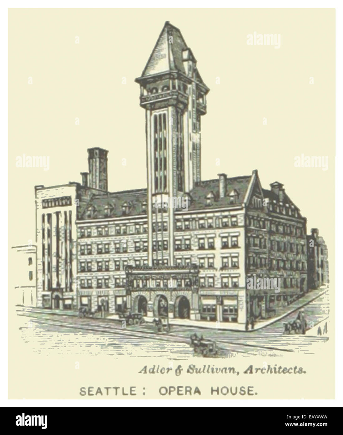 This 1891 drawing depicts the Opera House of Seattle, a landmark of the ...