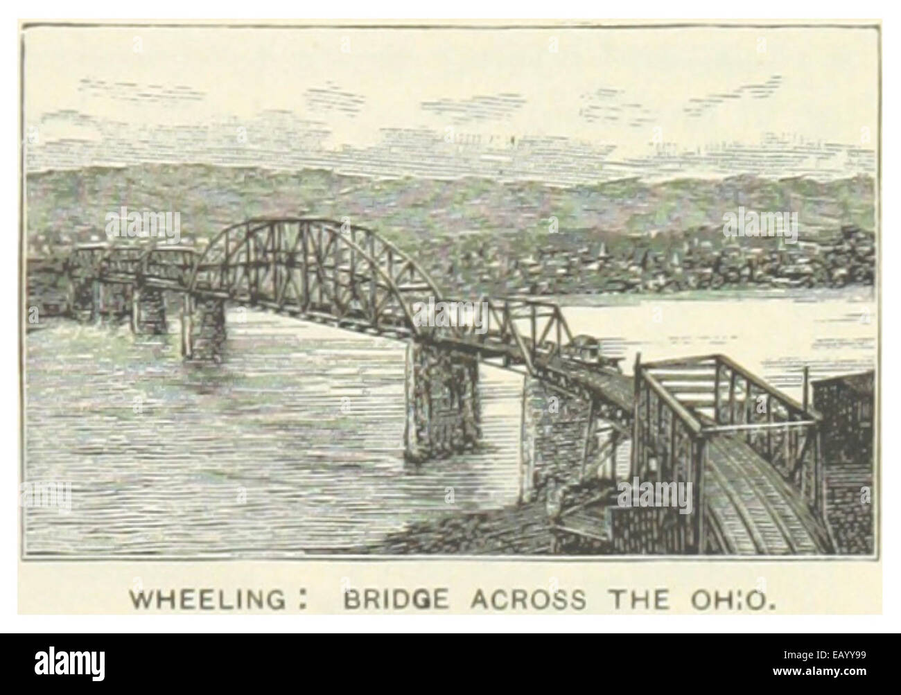 This 1891 illustration depicts the Wheeling Bridge spanning the Ohio ...