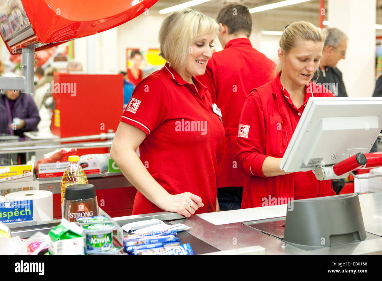 Supermarket employee, Cashier woman working, cash, Czech Republic ...