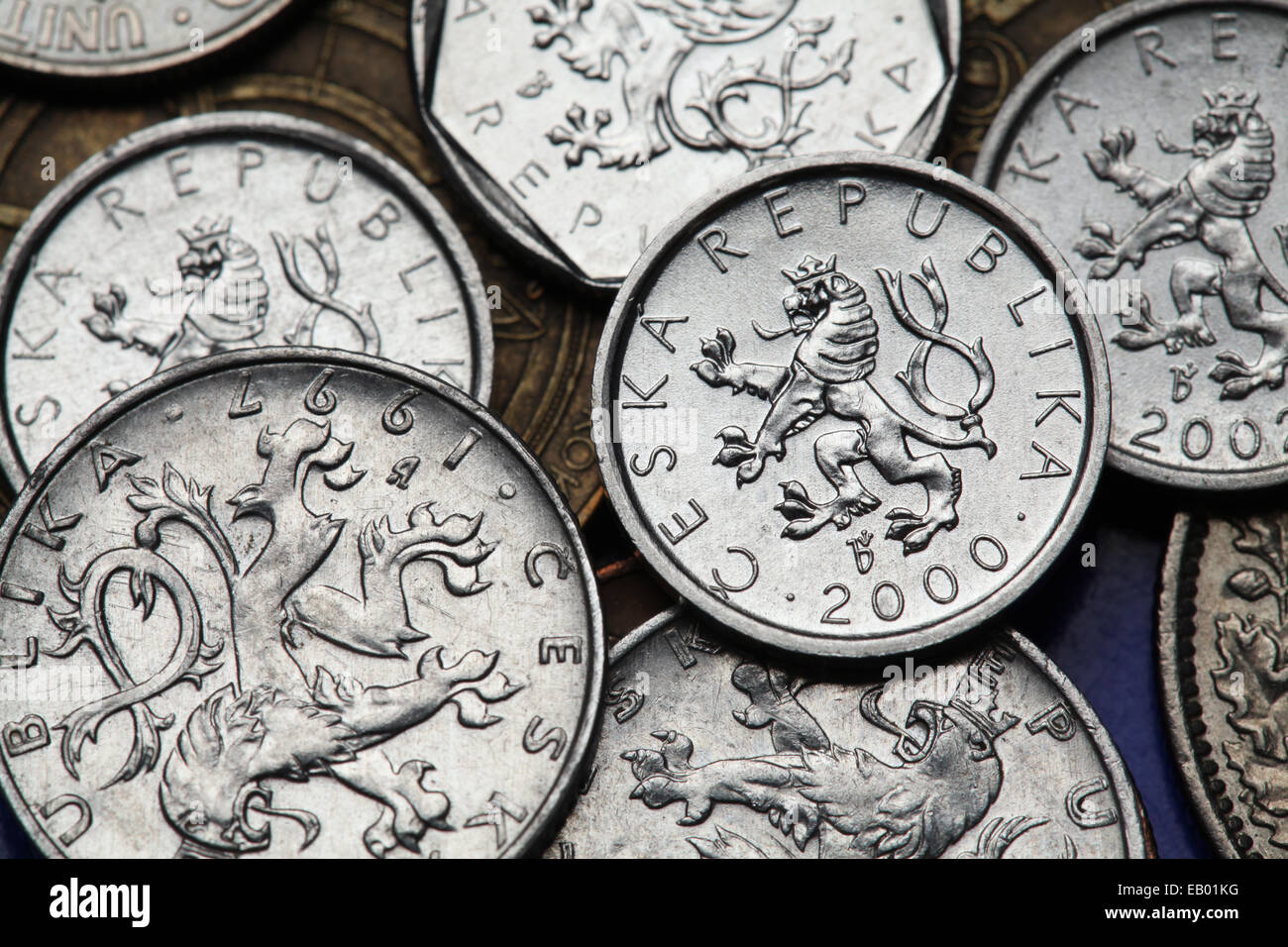 Coins of the Czech Republic. Bohemian heraldic lion depicted on old ...
