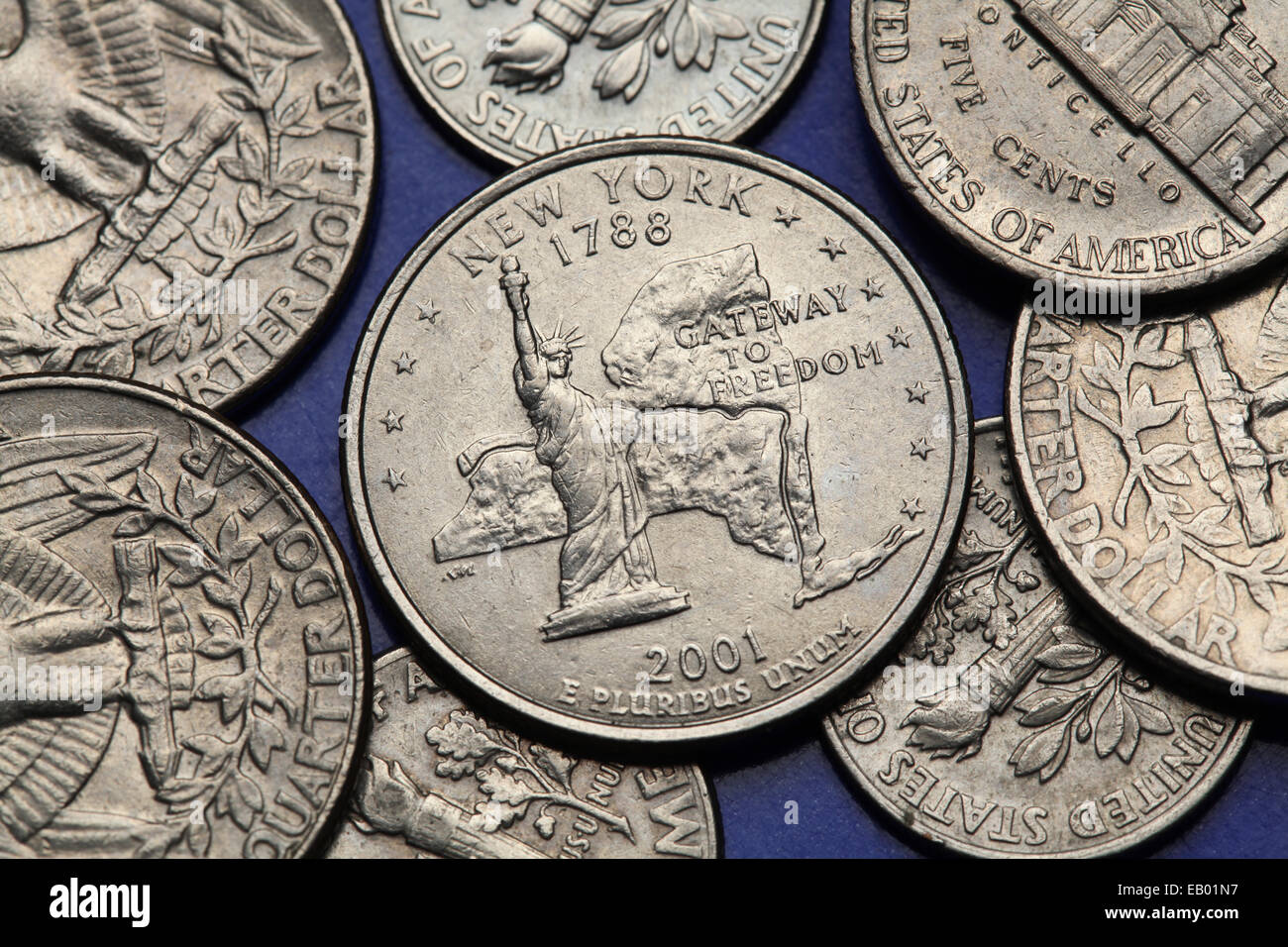 Coins of USA. Statue of Liberty in New York depicted on the US New York ...