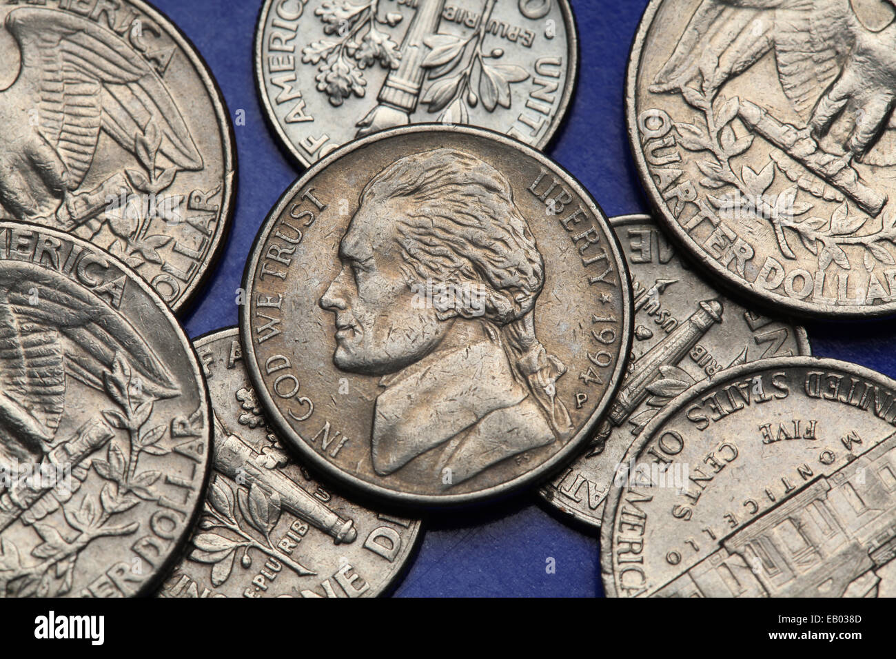 Coins of USA. Thomas Jefferson depicted on the US nickel coin Stock ...