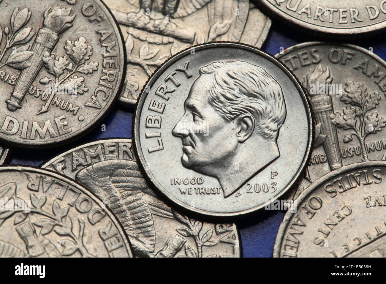 Coins of USA. Franklin D. Roosevelt depicted on the US dime coin Stock ...