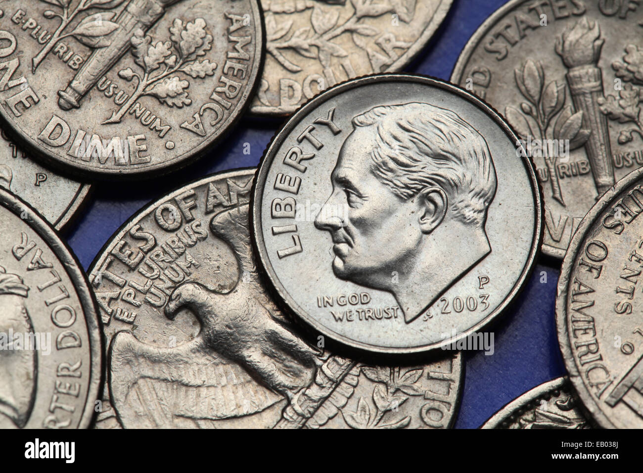 Coins of USA. Franklin D. Roosevelt depicted on the US dime coin Stock ...