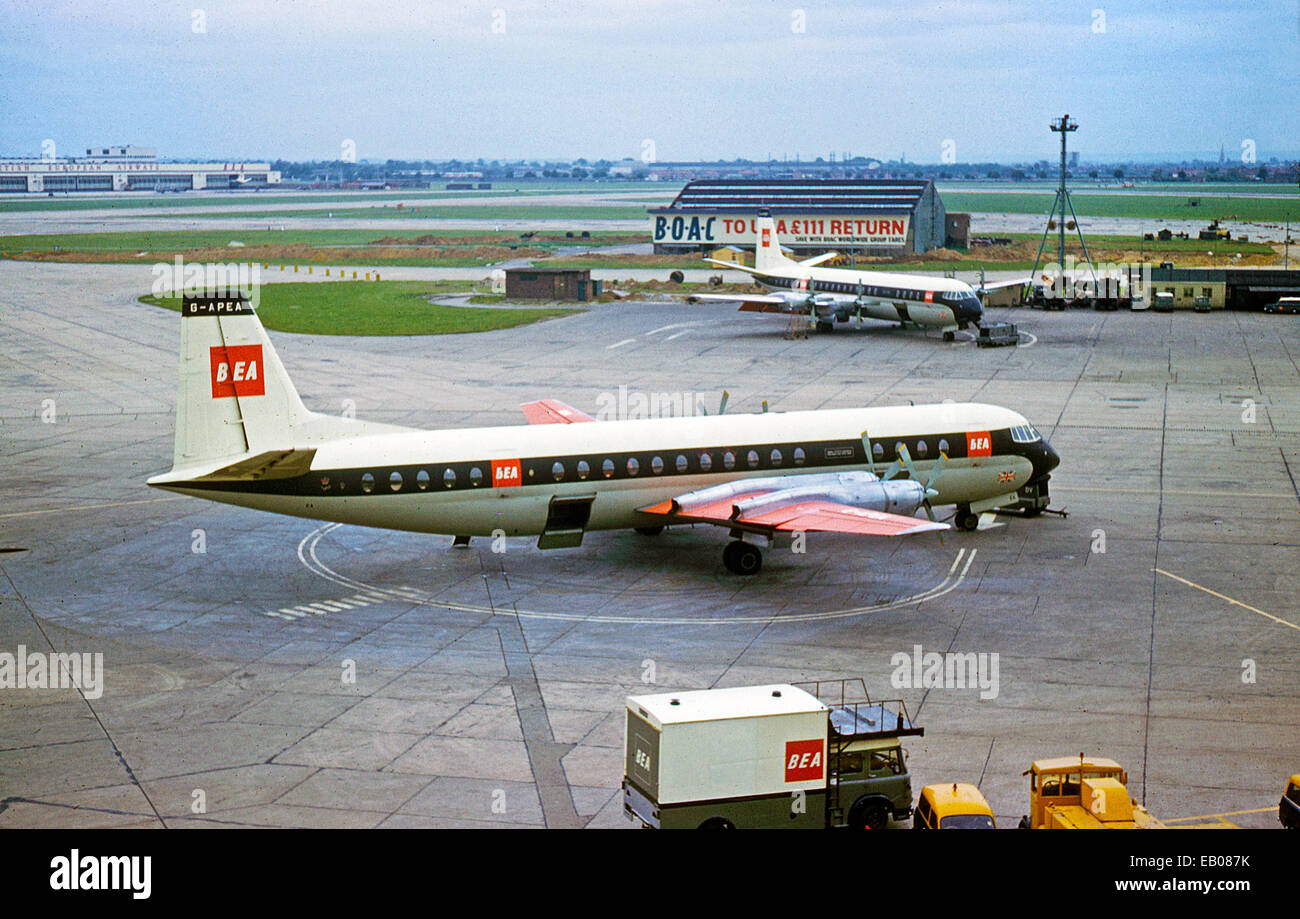 BEA Vickers Vanguard turboprop aircraft on tarmac at Heathrow Airport ...