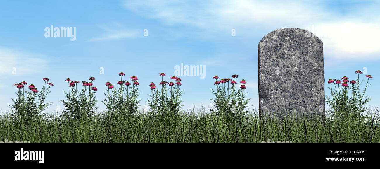 Tombstone and beautiful flowers by day - 3D render Stock Photo - Alamy