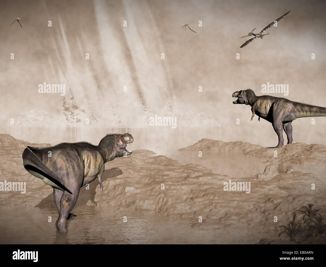 Tyrannosaurus rex and pteranodon looking at meteorite impact in Yucatan ...