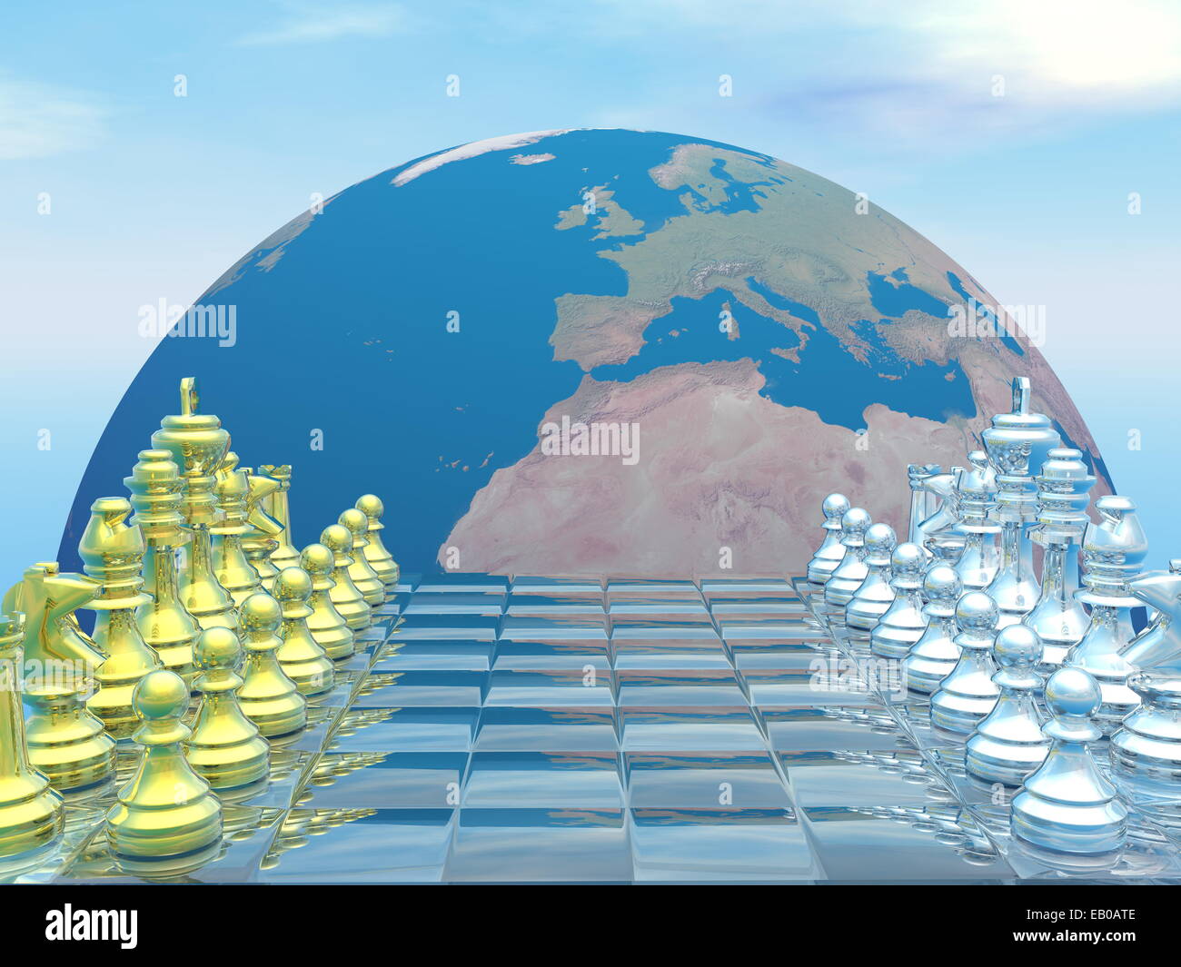 Chessboard with earth planet and blue sky - 3D render Stock Photo - Alamy