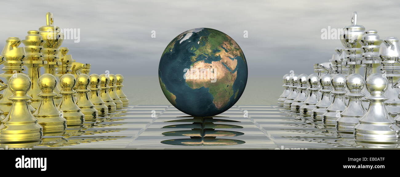 Chessboard with earth planet and grey sky - 3D render Stock Photo - Alamy