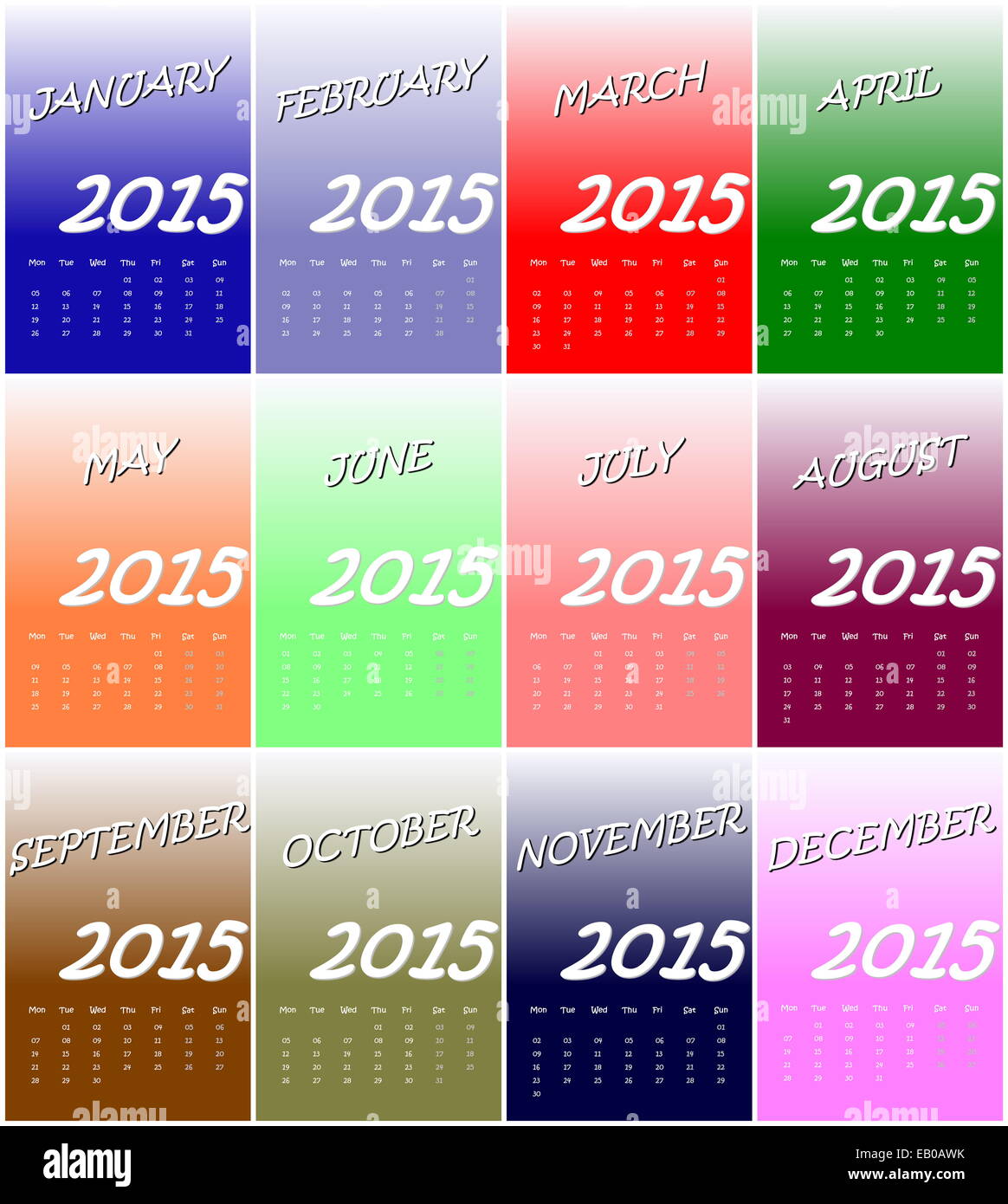 European colorful 2015 year calendar with week starting from monday ...