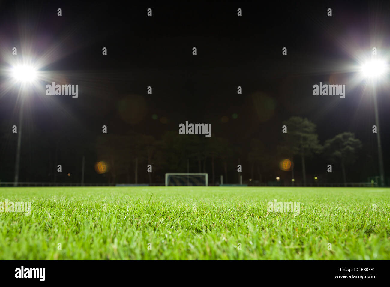 soccer field and goal with spot lights Stock Photo - Alamy