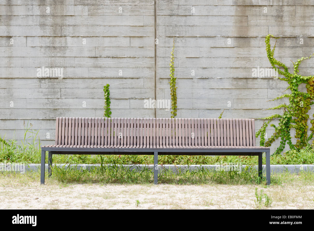 long bench in front of a white wall with climbing vine Stock Photo - Alamy