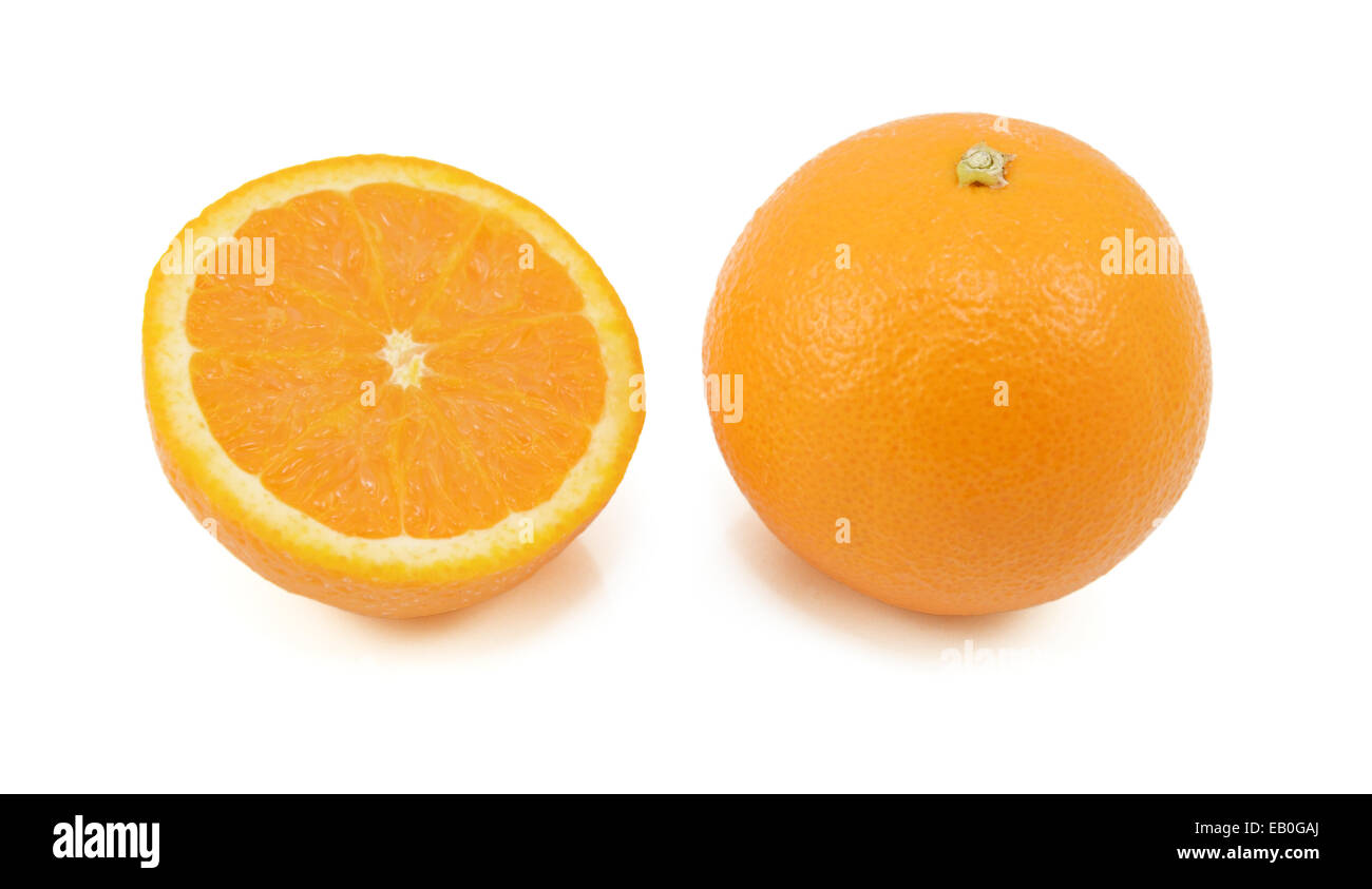 Whole orange and half fruit showing cross section, isolated on a white ...